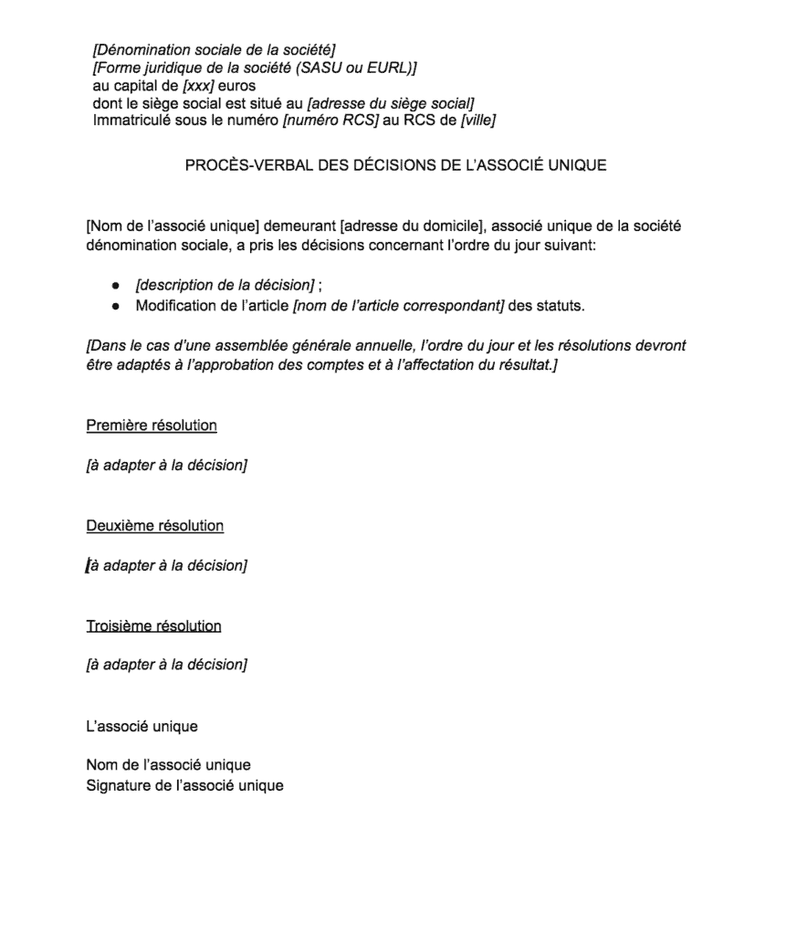 Modèle de Procès-Verbal des Décisions de l'Associé Unique
